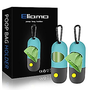 2 Pack Dog Poop Bag Dispenser with Built-in LED Flashlight, Pet Waste Bag Holder for Leash with Carabiner Clip for Lead Leash, 2 Rolls Leak-proof Doggy Waste Bags for Dog Walking, Blue