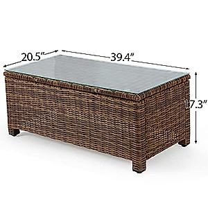ECOTOUGE Rattan Coffee Table, Wicker Patio Tea Table, Rattan Patio Coffee Tables w/Glass Top