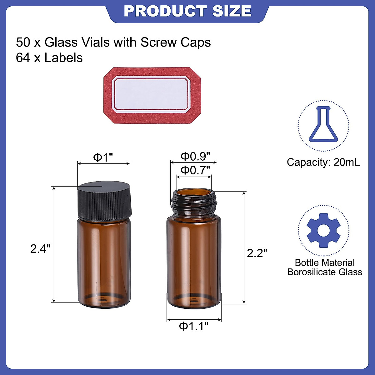 PATIKIL 20ml Amber Glass Vials, 50 Pack Sample Vials with Screw Cap and Write-on Spot Reagent Media Bottle with Labels Leak-Proof Liquid Vial for Lab