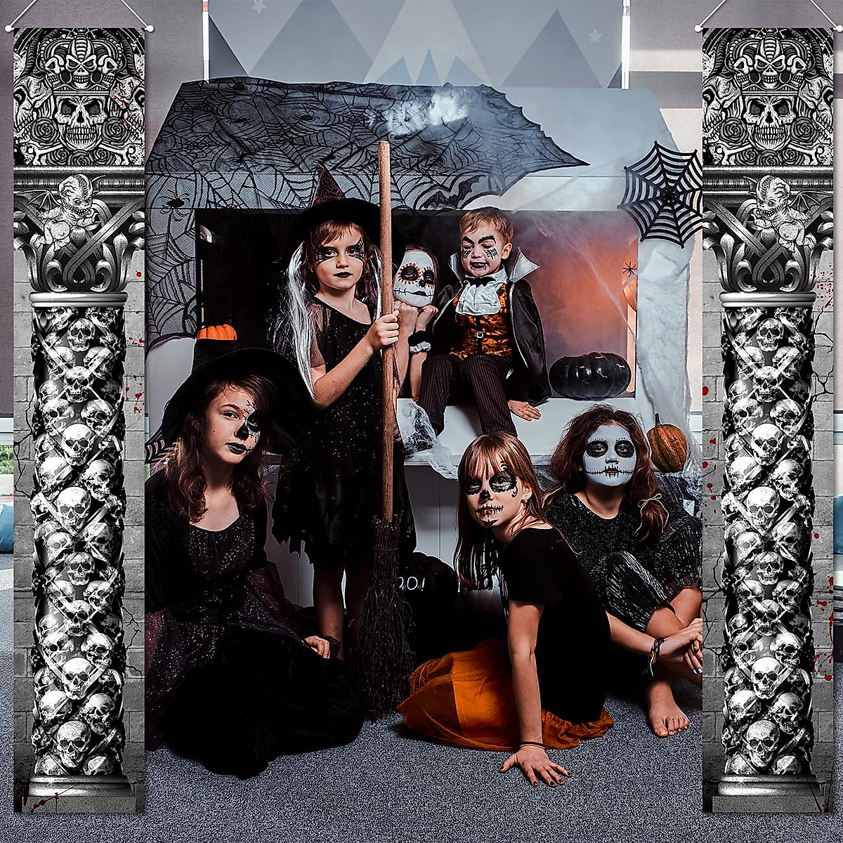 Halloween Gothic Mansion Banners Halloween Skull Hanging Porch Sign with Welcome Foolish Mortals Banner Spooky Halloween Pillar Sign Home Indoor Outdoor Party Supplie
