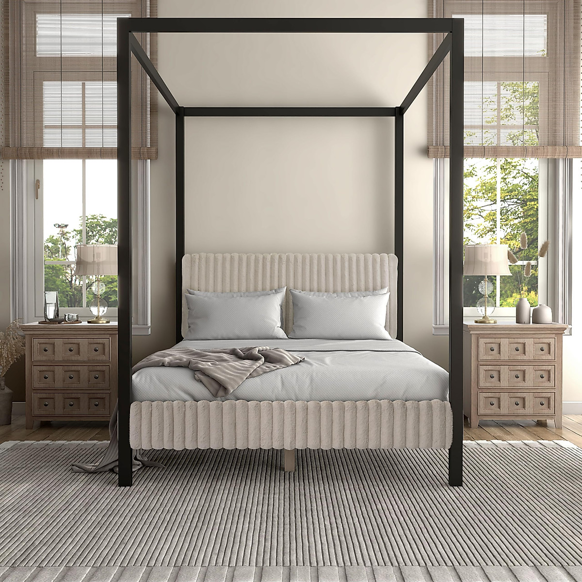 HOMES: Inside + Out Evadne Modern Canopy Bed Frame Queen Size with Channel Upholstered Headboard and Wooden Slats Support for Bedroom, Guest Room, No Box Spring Needed, Light Brown