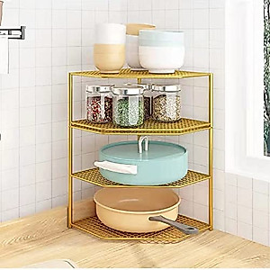 通用 Small Corner Bookshelf, White, Black, Gold Metal Corner Shelf, Kitchen Storage Rack, Desktop Storage, Office Corner Organizer (Gold, 3 Tier)