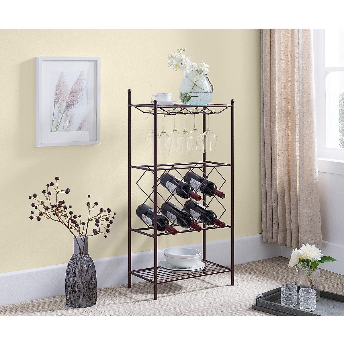 Kings Brand Furniture - Keyent Metal Wine Rack Stand - Liquor Bottle Rack with Glass Holder & Shelves - Freestanding Wine Bottle Holder Rack - Space-Saving Bronze Finish Metal Wine Rack - Metal