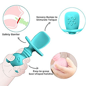 Baby Fork and Spoon Set, Silicone Self Feeding Utensil Easy Grip Toddler Cutlery Kit with Carry Case BPA-Free Anti-Choke for Infant Toddler Children First Led Training Weaning, 6-12 Month (Blue)