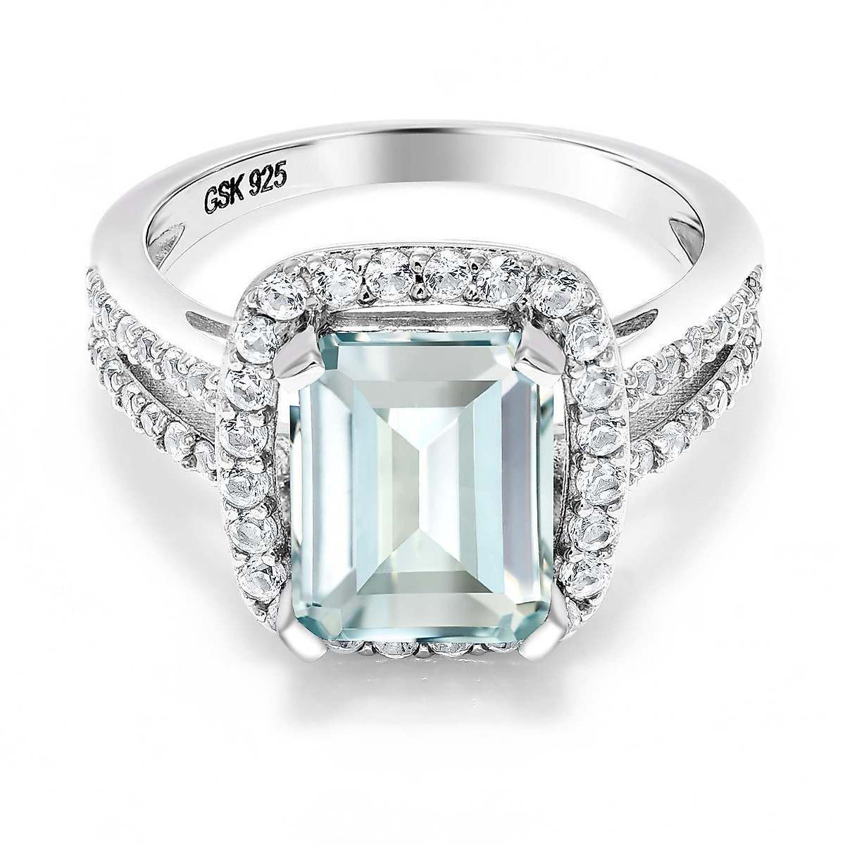 Gem Stone King 925 Sterling Silver Sky Blue Simulated Aquamarine Engagement Ring For Women (3.68 Cttw, Emerald Cut 10X8MM, Available In Size 5,6,7,8,9)