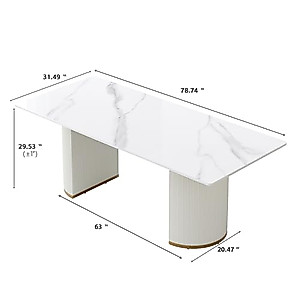LovingAHome Modern Rectangle Marble Dining Table for 8,79" White Marble Sintered Stone Dining Table with Semi-Circular Pedestal,Faux Marble Kitchen Dinner Table Wrapped in PU Leather (Table Only)
