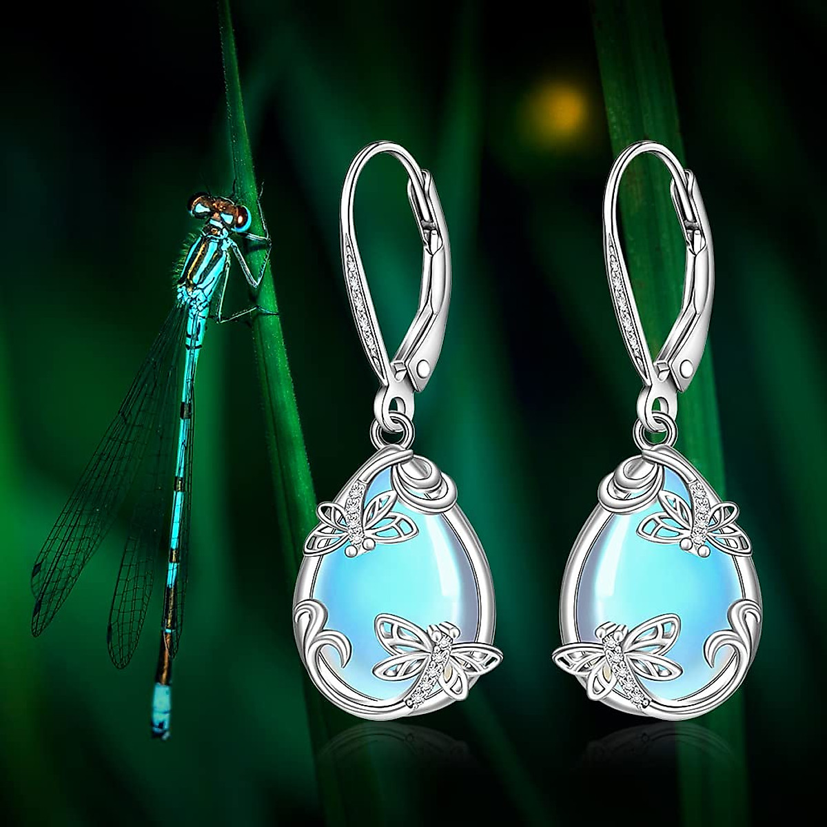 Dragonfly Moonstone Earrings for Women Filigree Earrings Teardrop Lever Back S925 Sterling Silver Moonstone Jewelry