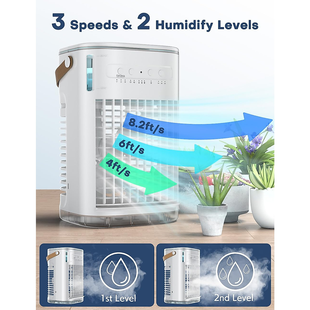 BALKO Small Air Conditioner, 5400mAh Built-in Battery Evaporative Air Cooler, 2 Ice Packs, 7H Timer Smart Auto-Off &Remote, 7 Lights, 1200ML Water Tank, 2-Level Mists, 3-Speed Personal Air Conditioner