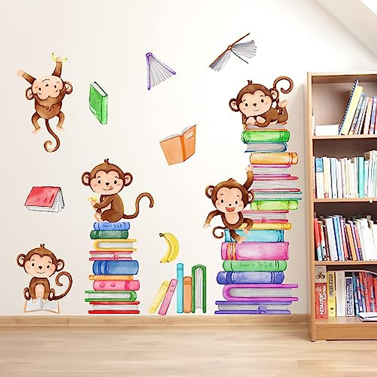Monkey Wall Decals Animals Monkey Reading Books Wall Stickers for Baby Nursery Kids Bedroom Classroom Wall Decor