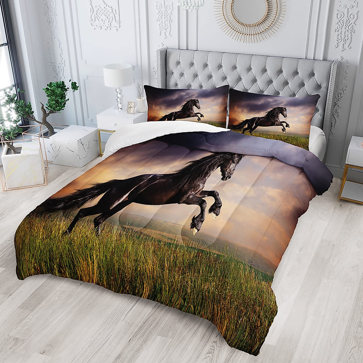 BSNTHO Horse Duvet Set Full Size,Wild Animal 3 Piece Bedding Set,Galloping Black Horse Comforter with Pillow Shames, for All Seasons, Ultra-Soft, Lightweight, Breathable