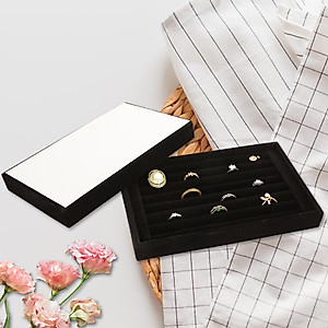 CertBuy 4 Pack Ring Display Tray Jewelry Organizer, Black Velvet 7 Slots Ring Earrings Showcase Trays Holder, Stackable Drawer Ring Display Tray Jewelry Showcase for Multiple Rings Drawer Inserts