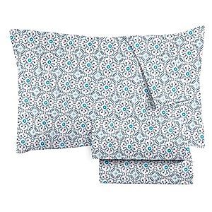 KACEMOO Printed Sheet Set Full Size Bed 4PC Blue Floral Sheets Boho Pattern Sheets Cooling 17 Inches Deep Pocket Brushed Microfiber Bed Sheets, Luxury, Soft, Breathable, Hypoallergenic, Wrinkle Free