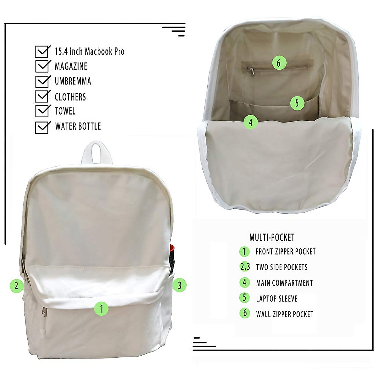 Jesdo DIY Canvas Backpack Large Casual Daypack Satchel (White with Side Pockets)