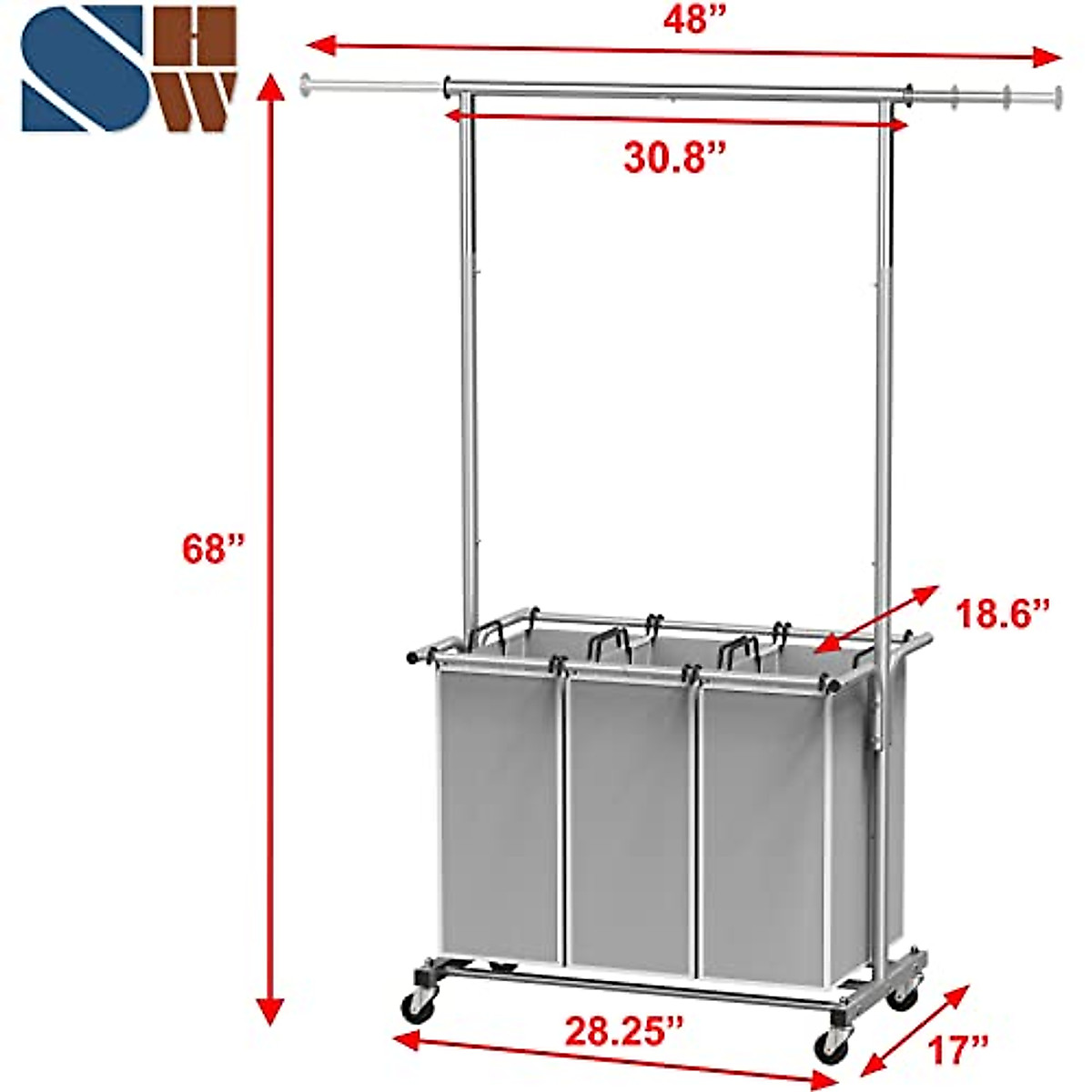 SimpleHouseware 3 Bag Laundry Sorter Rolling Cart w/Garment Rack Hanging Rod, Silver