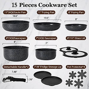 SODAY 15Pcs Pots and Pans Set Non Stick, Cookware Sets with Detachable Handle, Nonstick RV Kitchen Cooking Set Removable Handles, Oven Safe, Induction Fast, Stackable Non-stick Set, Black