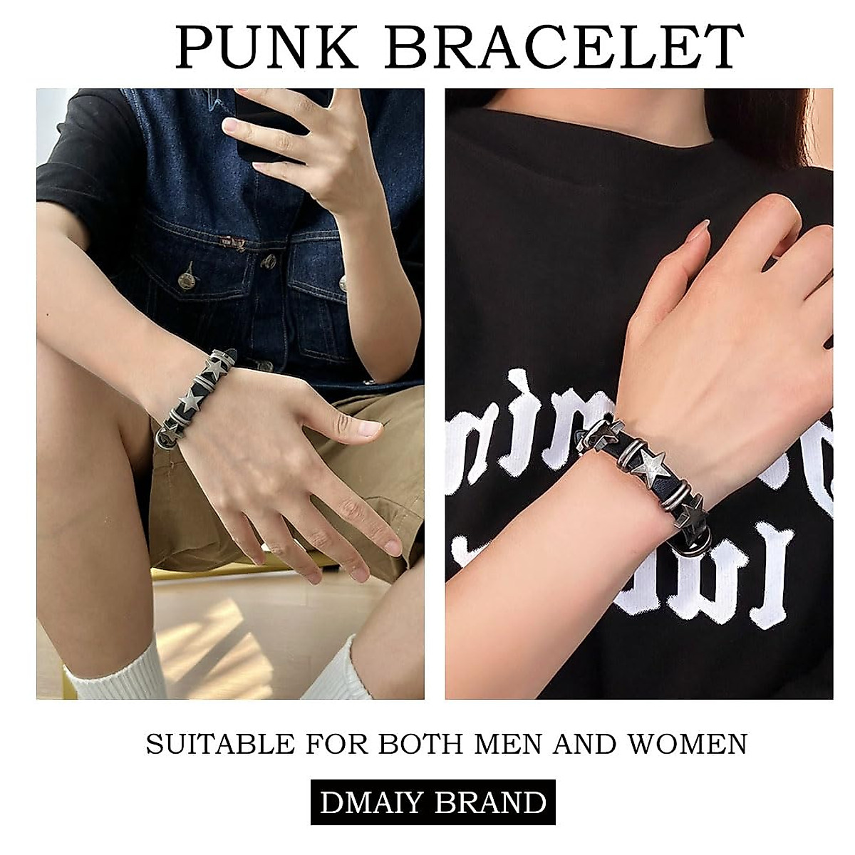 Dmaiy Punk Leather Bracelets Star Studded Bracelet Gothic Rock Bracelets Black Adjustable Cuff Wristband for Women and Men (Black star)