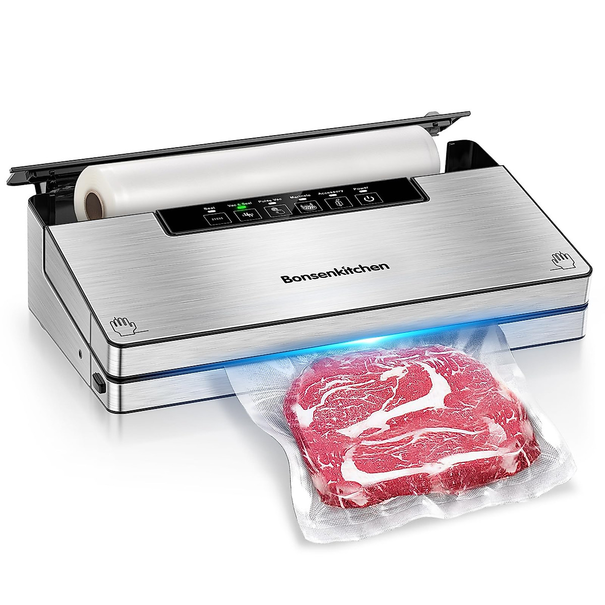 Bonsenkitchen Vacuum Sealer Machine, Powerful Food Sealer with 5 Modes, Built-in Cutter & Bag Storage,Globefish Technology for High-Speed Continuous Working, Include 1 Bag Roll, Stainless Steel