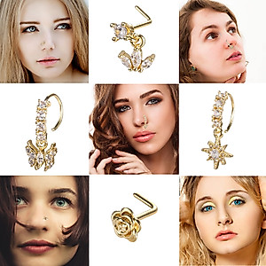 SAMOCO 20Pcs 20G Dangle Nose Ring L Shaped Dangling Stud for Women, CZ Flower Stainless Steel Studs Hoops Nose Piercing Jewelry(Gold)