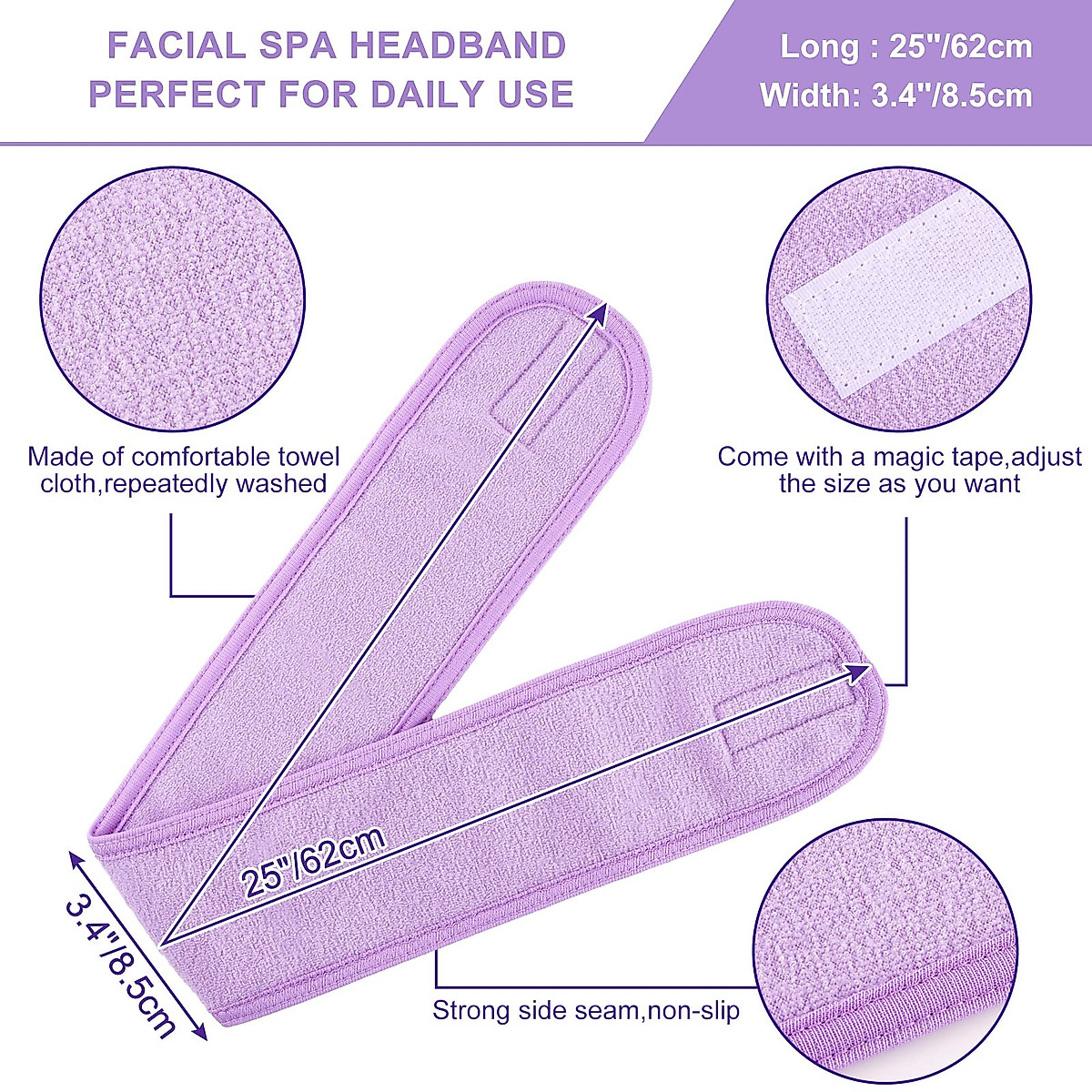 Whaline Spa Facial Headband Make Up Wrap Head Terry Cloth Headband Adjustable Towel Band for Face Washing Shower Facial Cover, 3 Pieces (White, Purple, Dark Purple)