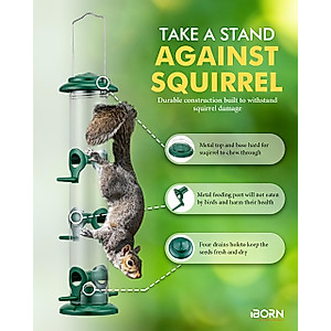 iBorn Metal Bird Feeders 6 Ports Hanging Wild Bird Seed Feeder for Mix Seed Blends, Niger Seed Feeder, Sunflower Heart, Birdbath, Heavy Duty All Metal Green Finishing 14 Inch 6Port