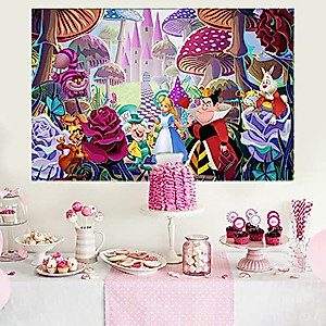 The Fantasy World of Alice Backdrop, 5 x 3 ft Alice in Wonderland Theme Banner Supplies, Tea Party Baby Shower Background for Birthday Party Cake Table Decoration