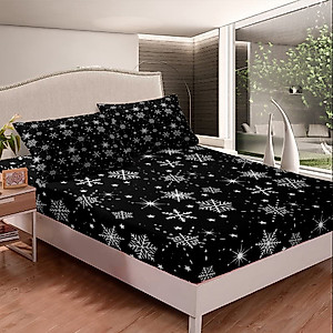 Erosebridal Christmas Bed Sheets Snowflakes Sheet Set for Kids Girls Boys Black and White Bed Sheet Set King Size Magical Glitter Star Flat Sheet Deep Pocket Room Decor with 2 Pillow Cases, Black