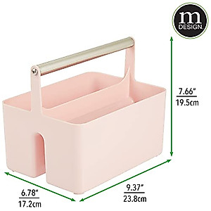 mDesign Plastic Shower Caddy Storage Organizer Utility Tote, Divided Basket Bin - Metal Handle for Bathroom, Dorm, Kitchen, Holds Soap, Shampoo, Conditioner - Aura Collection - Light Pink/Satin
