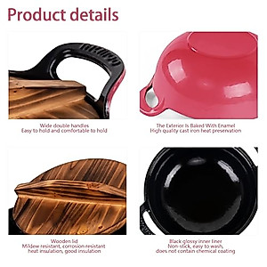 AILIBOO 2 Quart Dutch Oven Pot Round Cast Iron Enamel Cookware with Wooden Lid Soup Pot Mini Soup Pots - Pink