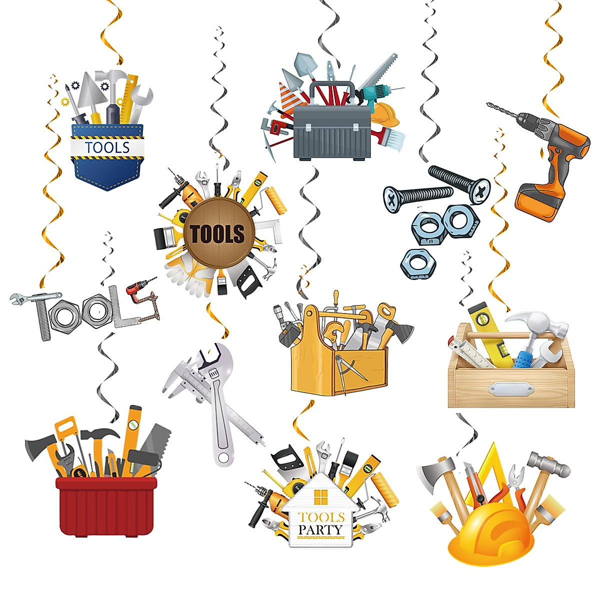 24 Pcs Tools Hanging Decorations Tools Hanging Swirls Ceiling Swirls Tools Birthday Party Supplies for Tools Party Decorations Toolbox Decorations