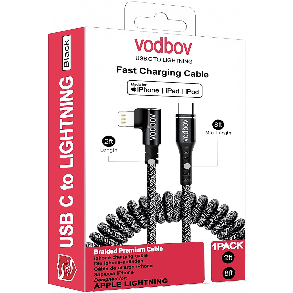 VODBOV USB-C to Lightning Cable 2FT to 8FT Right Angle Coiled Charging Cable Durable Coil MFi Certified Charger Cord Zebra Black