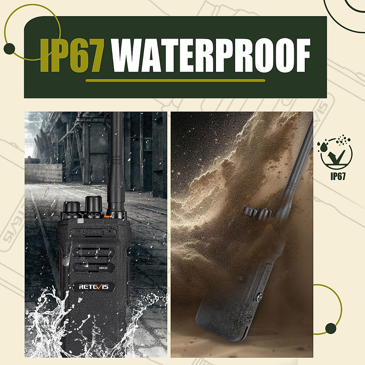 Retevis NR30 Long Range Walkie Talkies, Professional GMRS IP67 Waterproof 2 Way Radios, 2800mAh, Noise Cancelling, for Adult Survival Mountain Emergency Business(2 Pack)