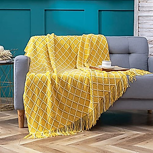 QUILTINA Boho Knitted Throw Blanket for Couch, 700GSM Soft Bed Throw with Tassel for All Seasons, Lightweight Spring/Summer Blanket, Suitable for Decoration and Outdoor Use (54"x67" Yellow)