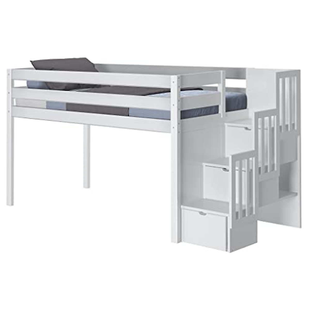 JACKPOT! Contemporary Low Loft Twin Bed with Stairway, Loft Bed, White