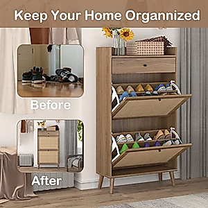 TehRecBT Rattan Shoe Cabinet,Freestanding Shoe Rack Storage Organizer with 2 Flip Drawers & 1 Storage Drawer, Modern Shoe Storage Cabinet with Wood Legs for Entryway (Wood Grain)