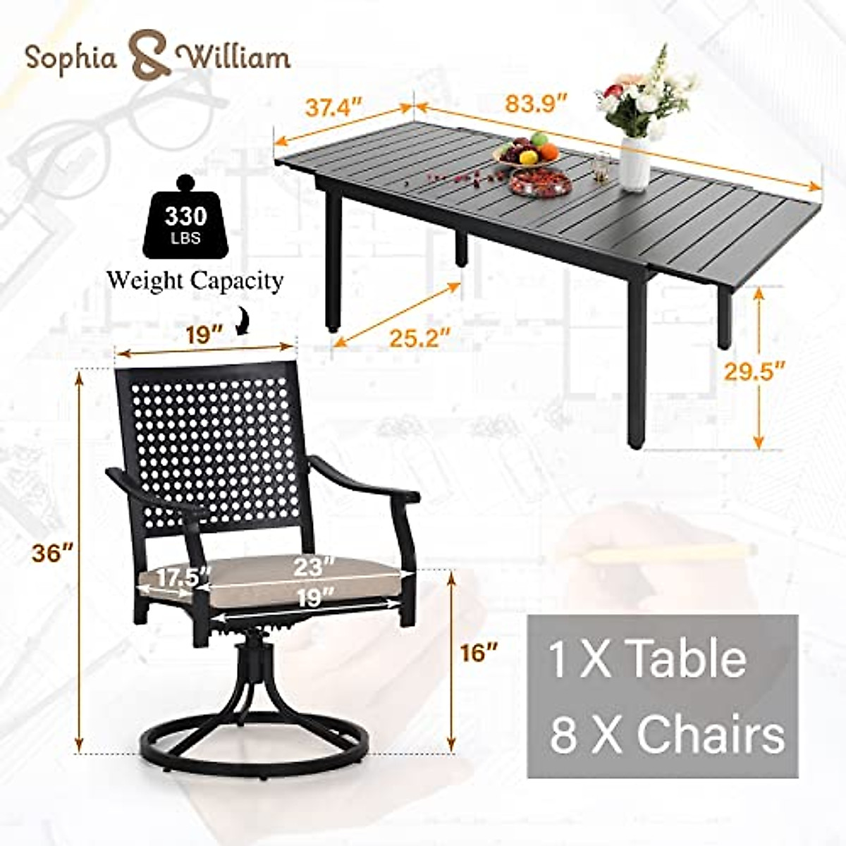 Sophia & William Patio Dining Set 9 Piece Expandable Outdoor Table Furniture Set with 8 Swivel Dining Metal Chairs and 1 Rectangular Expanding Dining Table for Garden Deck Backyard