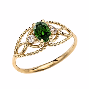 10k Yellow Gold Elegant Beaded Solitaire Ring With May Birthstone Green CZ and White Topaz(Size 11.25)