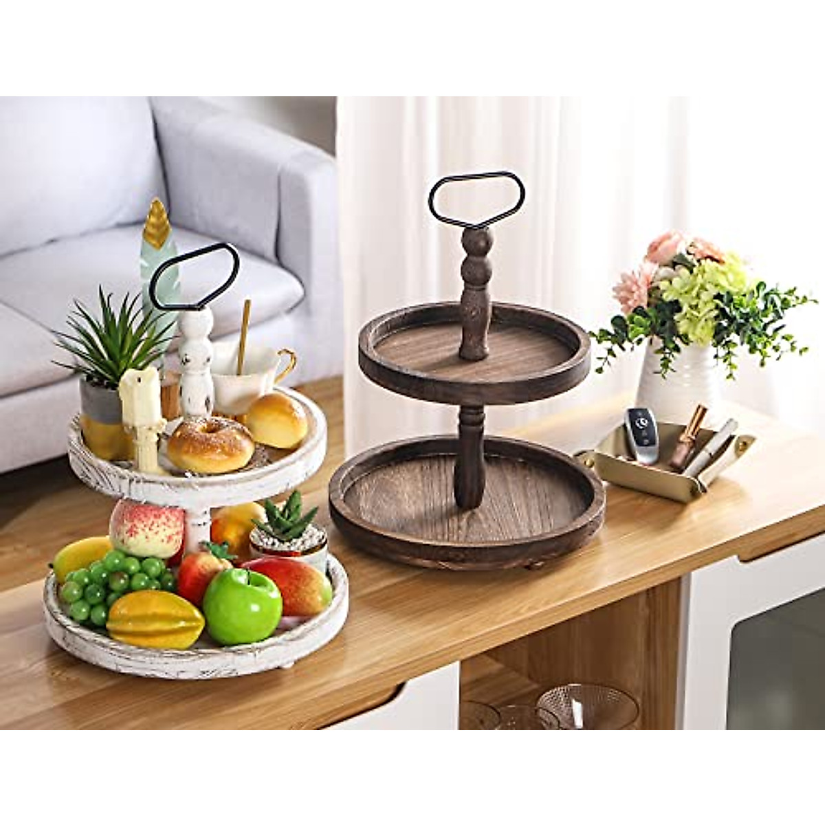 Farmhouse Wooden Decorative Two Tiered Trays+ Pu Leather Tray,Wood 2 Tier Serving Tray Stand for Rustic Table Centerpiece,Kitchen Decor,Coffee Bar, or Cupcake Stand (White)