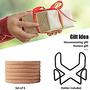 Drink Coasters with Holder, Absorbent Coaster, (6 Pack), Cork Felt Coasters, Coasters for Table Protection, Round Thick Coasters for Drinks, Glasses, Cups, Bar, Housewarming Gift, Beige.