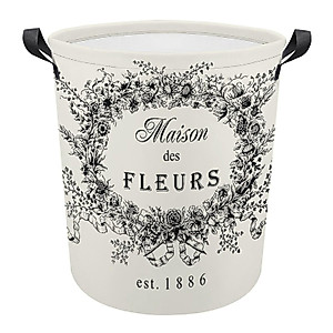 Vintage French Floral Laundry Basket Large Round Canvas Laundry Hamper with Handles Foldable Storage Bin for Dirty Clothes Hamper Bedroom Bathroom