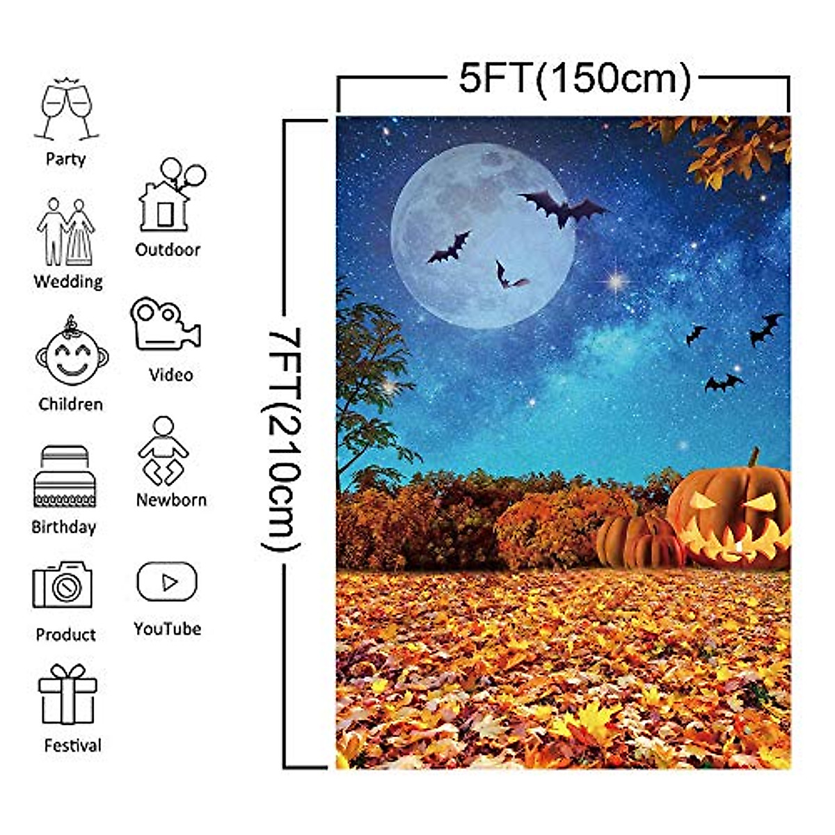 Msocio 5x7ft Polyester Halloween Backdrop Moonlight Pumpkin Fallen Leaves Photography Background for Birthday Baby Shower Trick or Treat Party Decoration Banner Photo Studio Props
