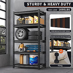 REIBII Garage Shelving Heavy Duty Storage Shelves Loads 1690 LBS, Garage Storage Shelves Adjustable Metal Shelving Heavy Duty Metal Shelves for Garage,Basement 32" W x 17" D x 72" H,Black
