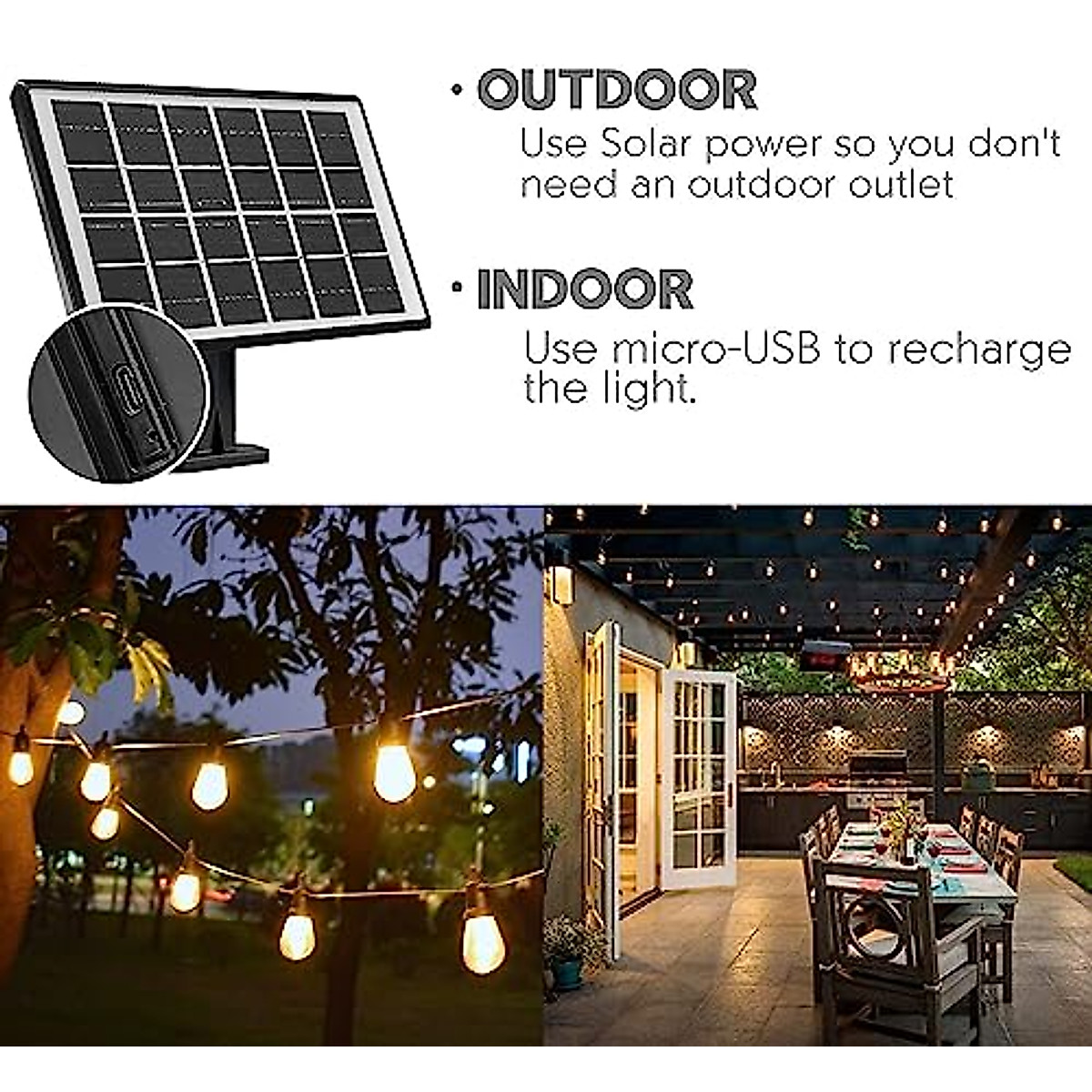 SUNTHIN Outdoor Solar String Lights, 48ft Solar Patio Lights with USB Rechargeable, Waterproof & Shatterproof Solar Powered Bulbs for Yard, Porch, Garden, Pool, Party, Camping
