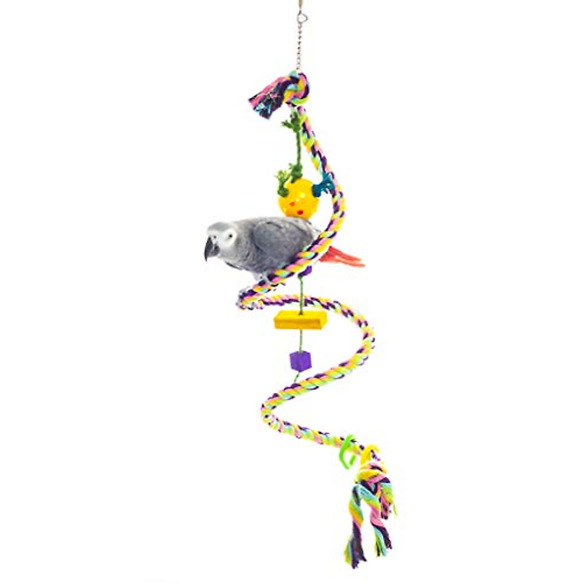 Birds LOVE Cotton Boing n' Toy with plastic chews & toy rattle ball on Sisal Rope, African Congo, Goffin Cockatoo, Mini Macaw, Yellow Naped Amazon, Size MD: 0.87"Dia*63"L (full length if straightened)