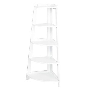 5 Tier Rustic Corner Shelf Stand, Industrial Small Bookcase Corner Ladder Shelf Plant Stand for Living Room, Kitchen, Home Office (White)
