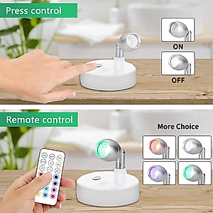 KINDEEP RGB Wireless LED Spotlight, Battery Operated Accent Lights, Indoor Mini Puck Light, Dimmable Uplight with Remote, 4000K Warm White, Stick on Wall Light with Rotatable Head, Silver, 2 Pack