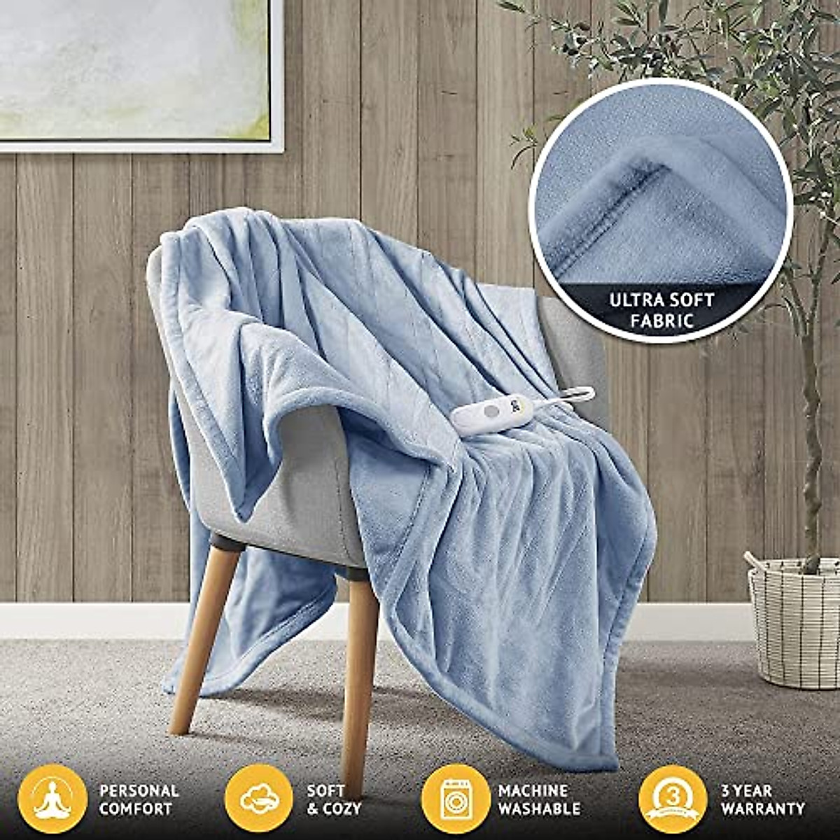Serta Luxuriously Soft Plush Electric Blanket Fast Heating Cozy Cover, Safety Auto Shut Off Timer, Low EMF, Multi Heat Setting, ETL Certified, Machine Washable, Sea Blue Throw (50 in x 60 in)