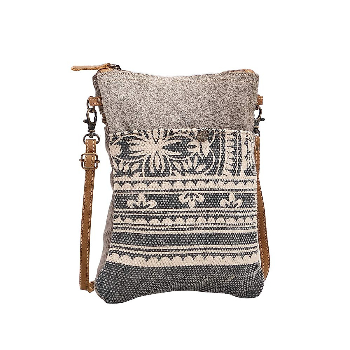 Myra Bag Runner Upcycled Canvas & Cowhide Crossbody Bag S-1452