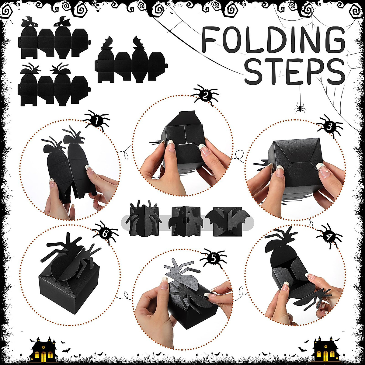 Cholemy 60 Pcs Black Halloween Party Treat Boxes Bat Ghost Candy Cookies Gift Box Spider Black Party Favor Boxes Cardboard Halloween Candy Container for Party Supplies Decorations, 3 Styles