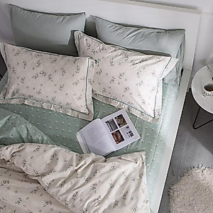 VClife Soft Cotton Queen Duvet Cover Breathable Beige Sage Green White Floral Bedding Duvet Cover for Girl Skin-Friendly Bedding Duvet Cover with Zipper Closure - 1 Duvet Cover and 2 Pillowcases