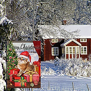Artofy Merry Christmas Home Decorative Garden Flag, Xmas Tree Ornaments Gifts House Yard Cat Kitty Hat Outside Decor, Winter Holiday Farmhouse Outdoor Small Burlap Decoration Double Sided 12 x 18
